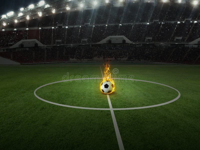 Soccer Ball on Fire on the Green Field in Soccer Stadium. Ball Game ...