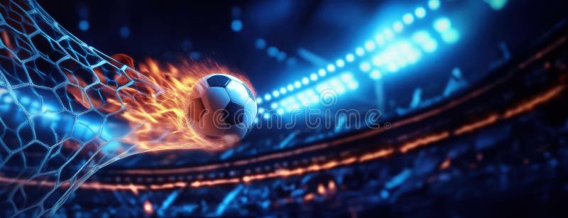 A Soccer Ball on Fire Hitting the Back of the Net in a Stadium ...