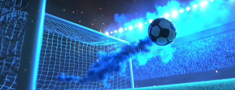 Soccer Ball on Fire Hitting the Net in a Stadium, Symbolizing an ...