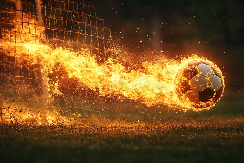 Soccer Ball on Fire Soaring into Goal Net with Dynamic Flames and ...