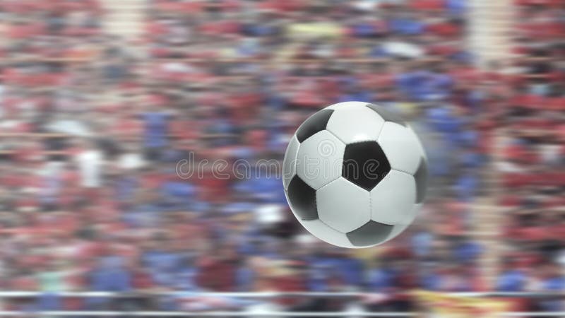 Soccer Ball Flies in Fast Motion in a Competitive Stadium Stock Image ...