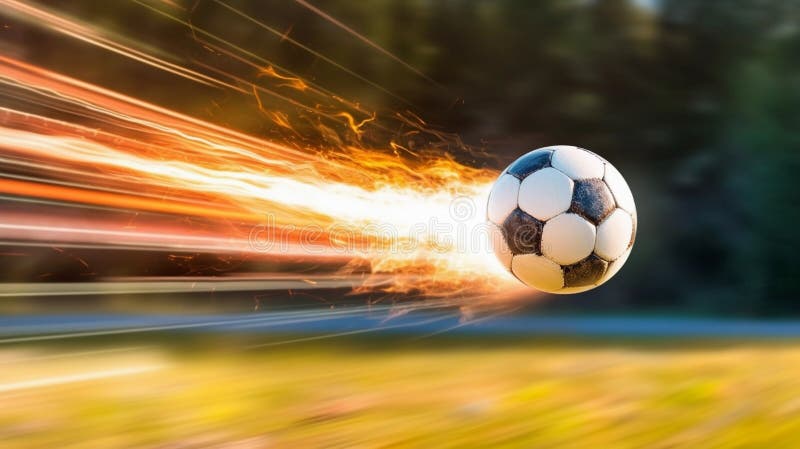 Soccer Ball Flying through the Air with Fire Effect on Blurred ...