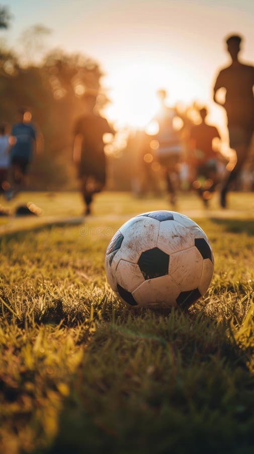 Soccer Ball in the Foreground with a Backdrop of Players and the Warm ...