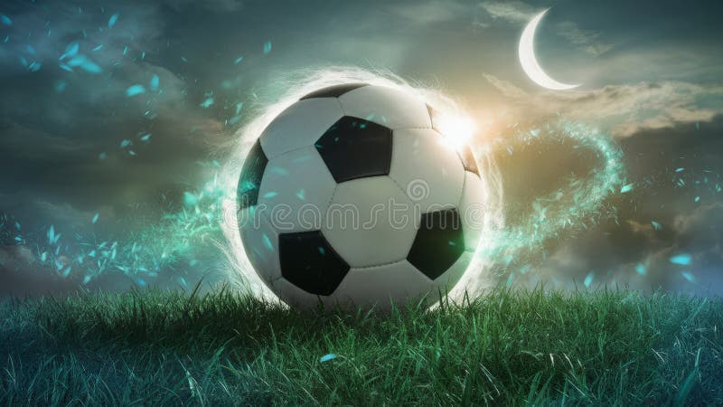 A Soccer Ball in the Grass with a Crescent Moon Behind it, AI Stock ...
