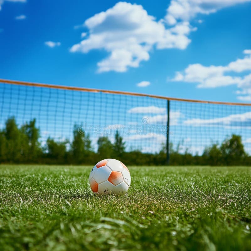 Soccer Ball on Grass Field with Goal Net in Background Stock ...