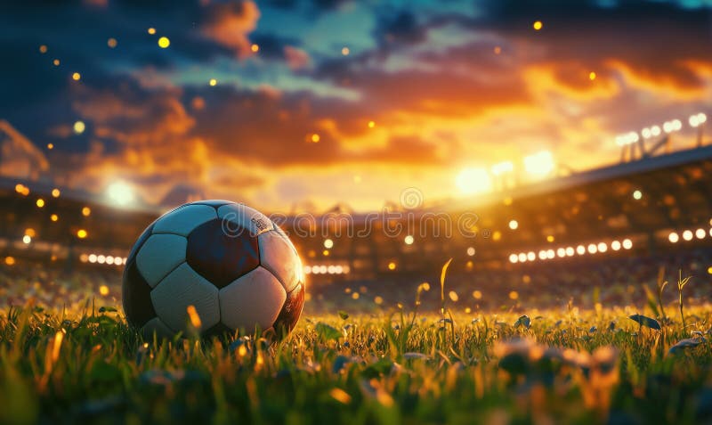 Soccer Ball on Grass Field during Sunset at Stadium with Bright Lights ... Soccer Ball on Grass Field during Sunset at Stadium with Bright Lights ...
