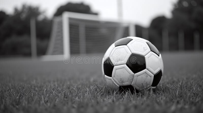 A Soccer Ball on Grass in Front of a Blurred Goalpost Stock ...