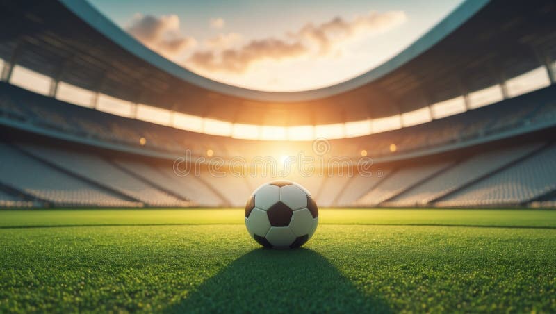 Soccer Ball on a Green Field in a Dramatic Stadium at Sunset Stock ...