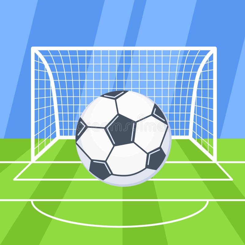 Soccer Ball on Green Field in Front of Goal Post. Vector Illustration ...