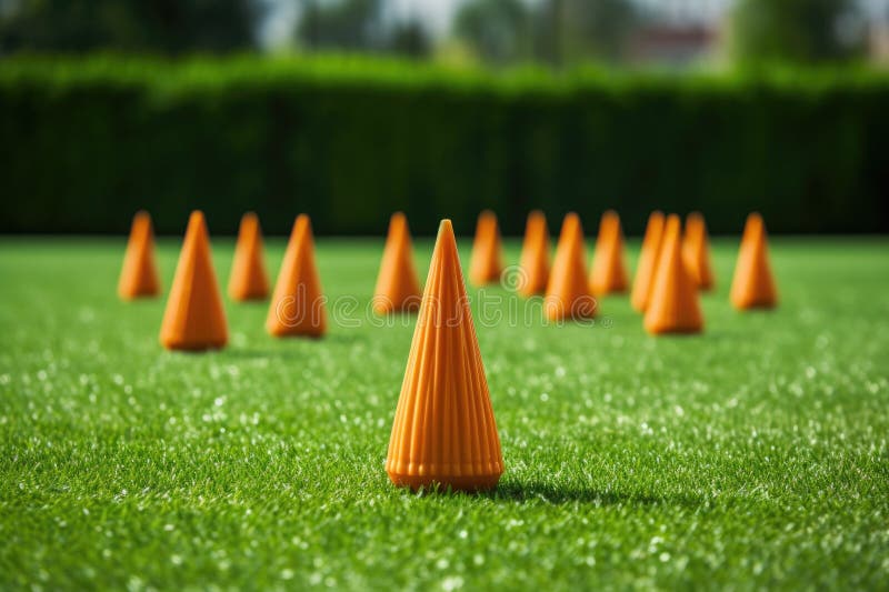 Soccer Ball on Green Grass with Cones Set for Dribbling Drill Stock ...