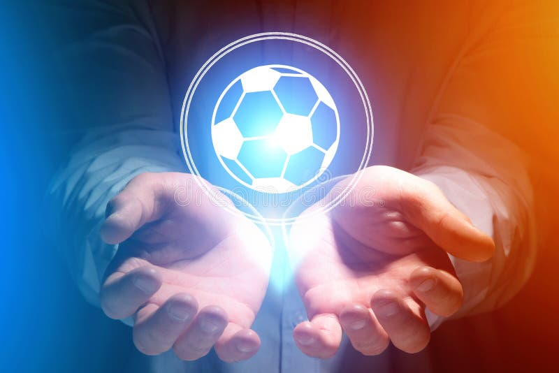 Soccer Ball Icon Over Hands - Sport and Technology Concept Stock Photo ...