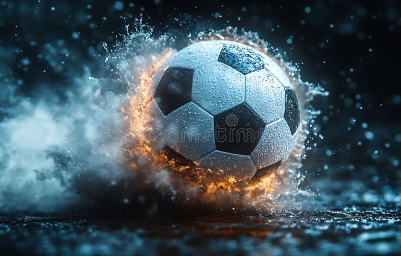 Soccer Ball Impact Creating Water Splash and Fire Effect in Dramatic ...