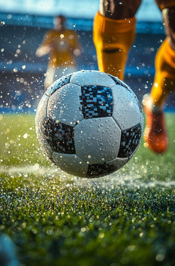A Soccer Ball is Kicked on a Wet Field Stock Photo - Image of stadium ...