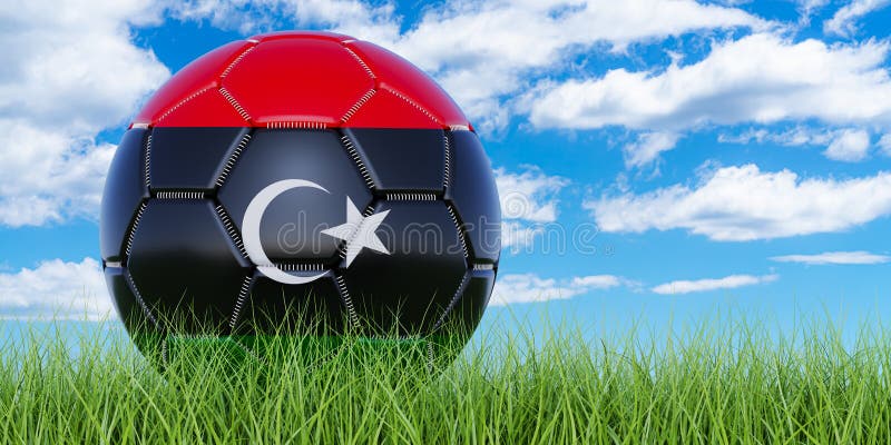Soccer Ball with Libyan Flag on the Green Grass Against Blue Sky, 3D ...