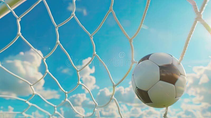 Soccer Ball in the Net Against a Blue Sky. Stock Image - Image of game ...
