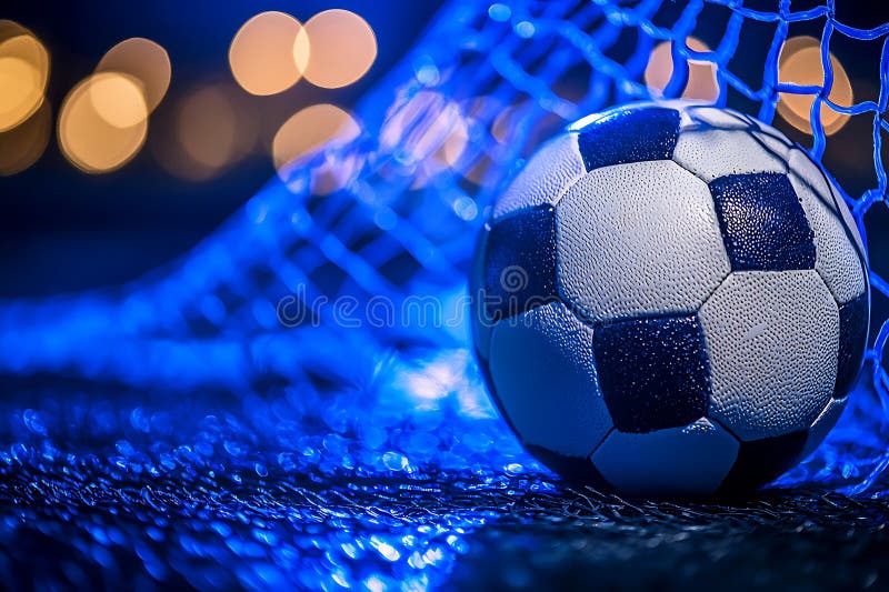Soccer Ball in Net Dramatic Nighttime Goal Celebration Stock ...