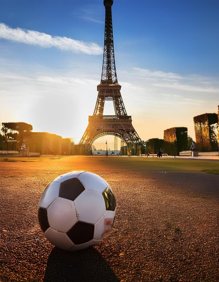 Soccer Ball on Path with Eiffel Tower at Sunset, Paris 2024 Olympics ...