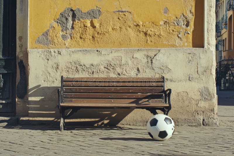 A Soccer Ball Rests beside a Weathered, Old Bench Positioned in Front ...
