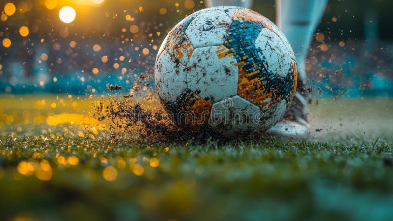 A Close-up of a Soccer Ball Splashing Mud during a Match in the Evening ...