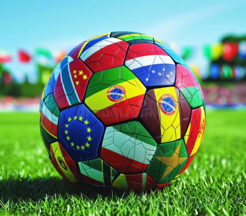 Soccer Ball Showing Flags of the World Lying on Grass in Stadium Stock ...