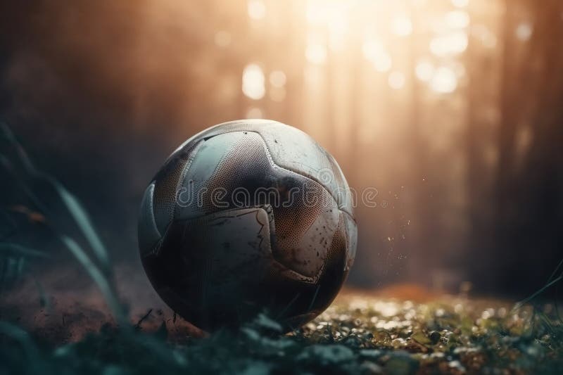 A Soccer Ball Sitting on the Ground in a Forest at Sunset Stock ...