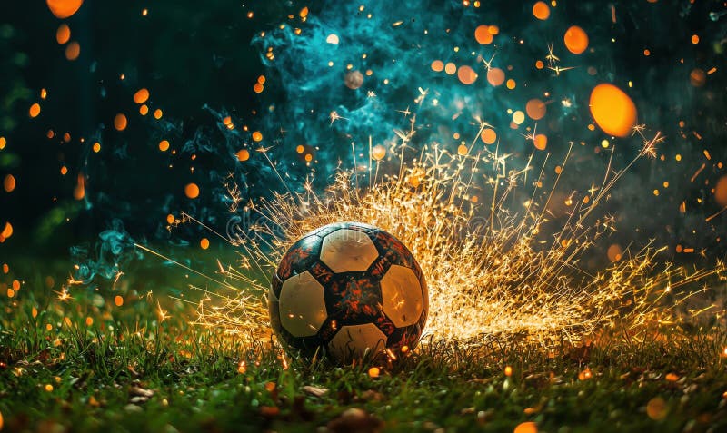 Soccer Ball Surrounded by Sparks and Smoke Creating Dynamic Action ...
