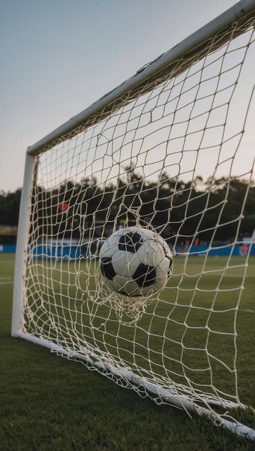 Soccer Ball in Top Right Corner of Goal Net on Artificial Turf Stock ...