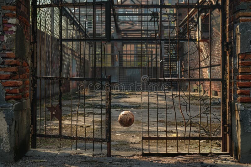 A Soccer Ball is Trapped Inside a Metal Gate Stock Photo - Image of ...