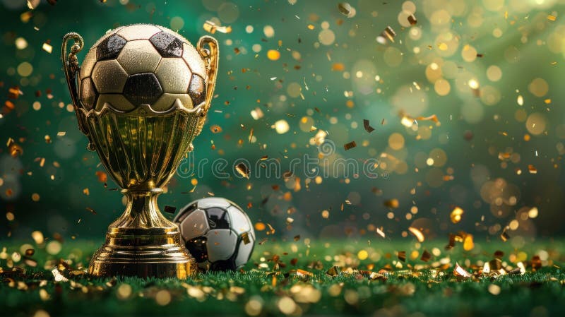 A Soccer Ball and Trophy are on a Field with Confetti Stock Image ...