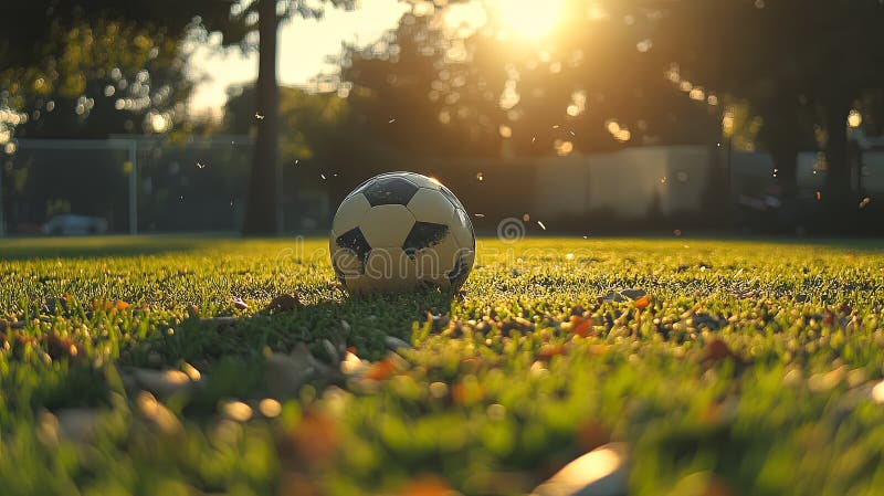 Soccer Ball on Turf, Low-angle Sun . Stock Image - Image of goal ...