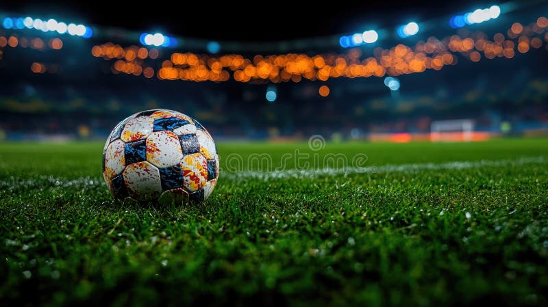 Soccer Ball on Vibrant Grass Field in Illuminated Stadium at Night ...