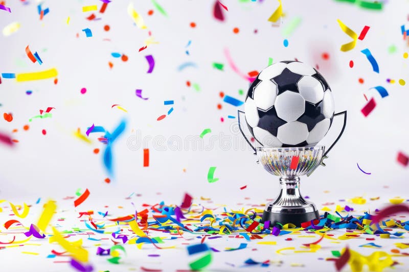 Soccer Ball on a Winner S Cup among Colorful Confetti Stock Image ...