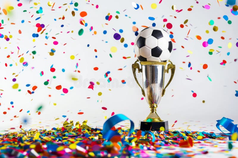 Soccer Ball on a Winner S Cup among Colorful Confetti Stock Photo ...