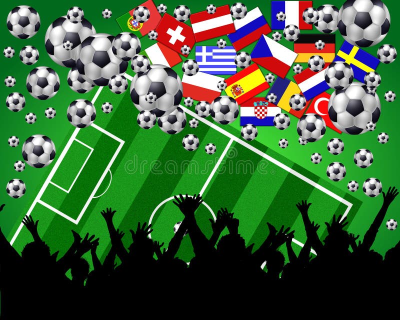 Abstract illustration of soccer balls and pitch with european countries ...