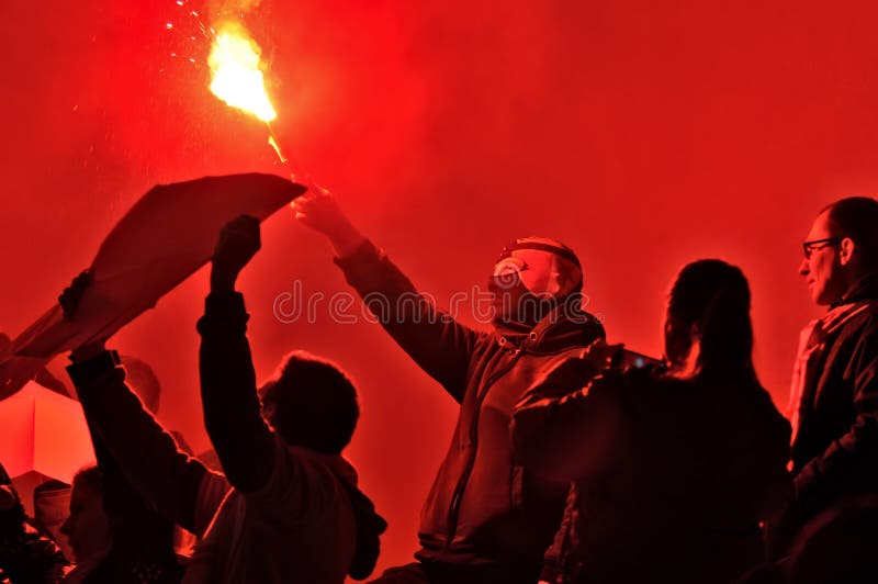 Soccer fan with smoke bomb editorial stock photo. Image of explosion ...