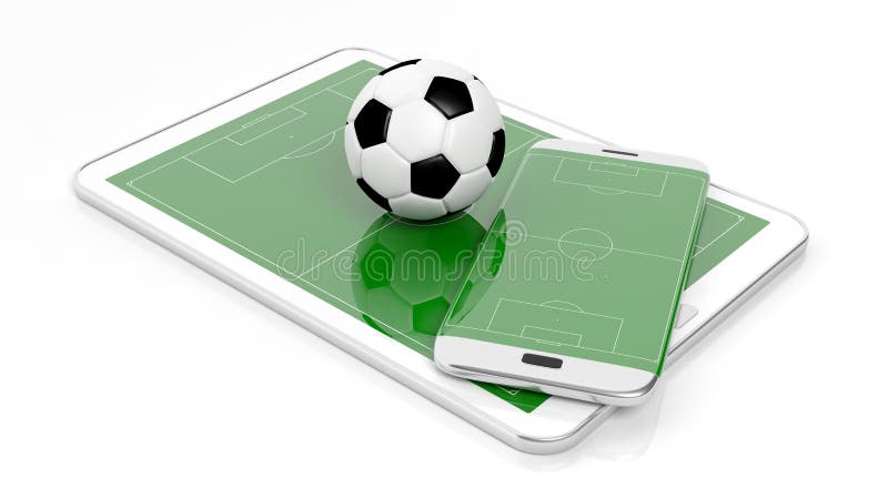 Soccer Field with Ball on Smartphone Edge and Tablet Display Stock ...