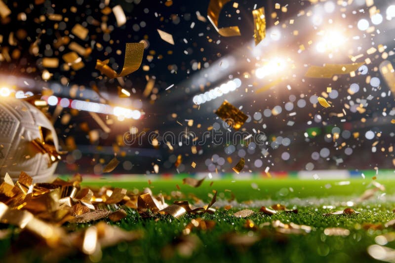Soccer Field Celebration with Confetti Under Stadium Lights Stock Image ...