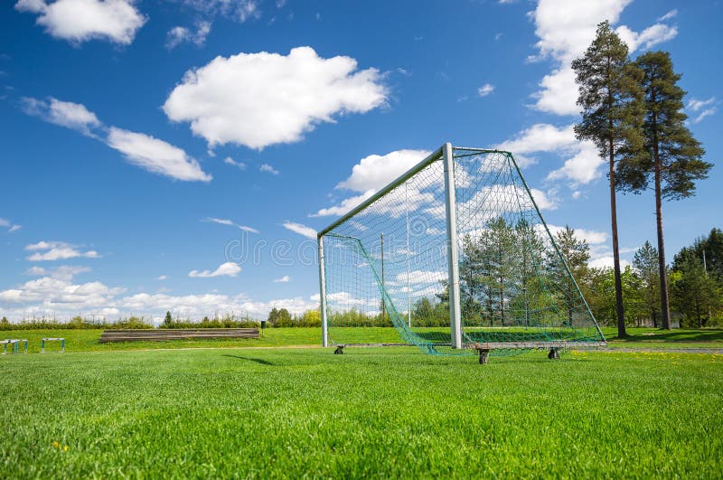Soccer Field White Goal Trees Blue Sky Background Stock Photos - Free ...