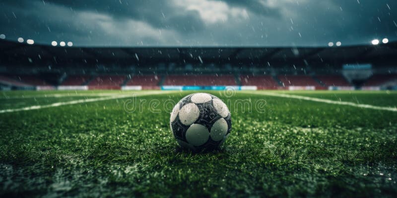 A Soccer Field with Green Grass, Soccer Ball Lying on the Field, Rain ...