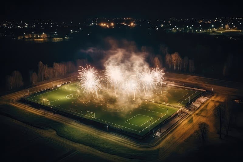 Soccer Field at Night with Floodlights and Fireworks, Drone View ...