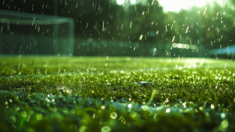 A Soccer Field with Rain Falling on it Stock Photo - Image of light ...