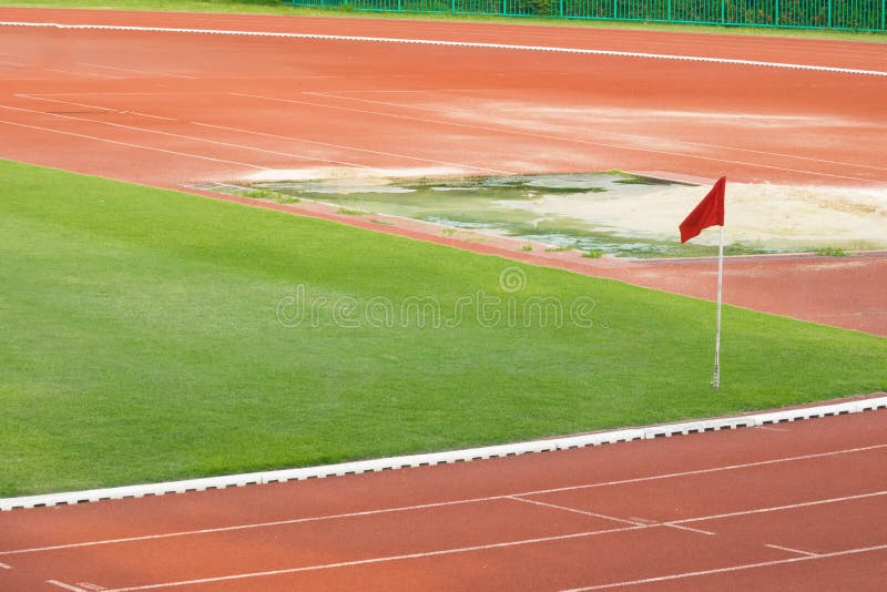 Soccer Field with Red Flag on Conner. Stock Image - Image of game ...
