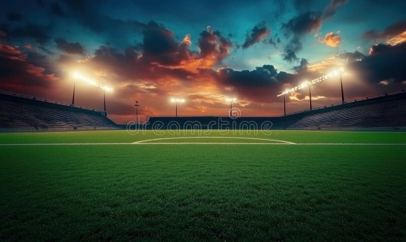 Soccer Field at Sunset with Stadium Lights, Vibrant Clouds, and Empty ...