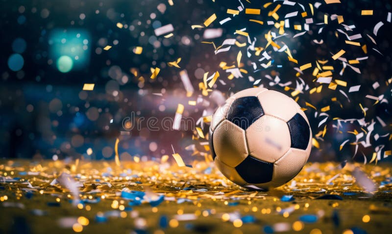 A Soccer Football with Falling Confetti. Winning Celebration Stock ...