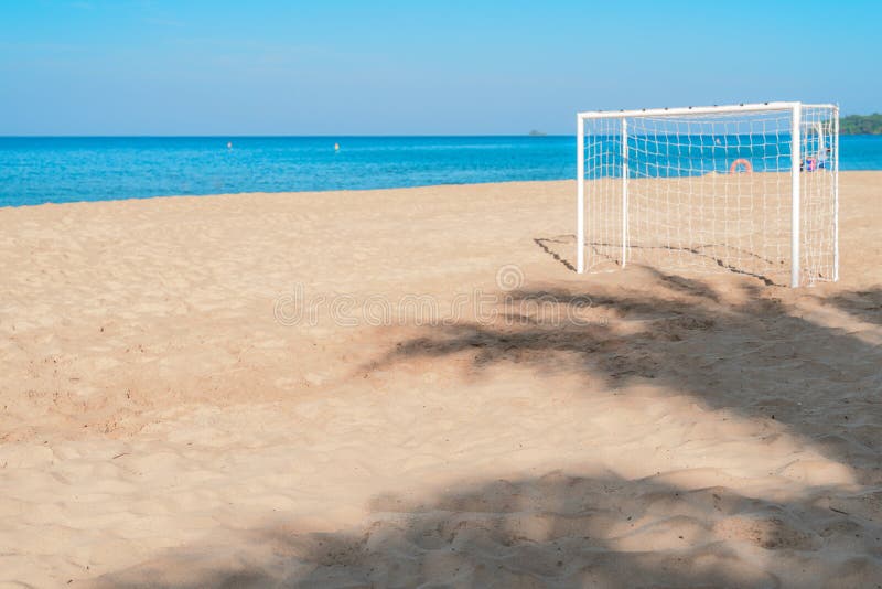 Soccer Goal Post on the Beach with Sand and Blue Sky Stock Image ...