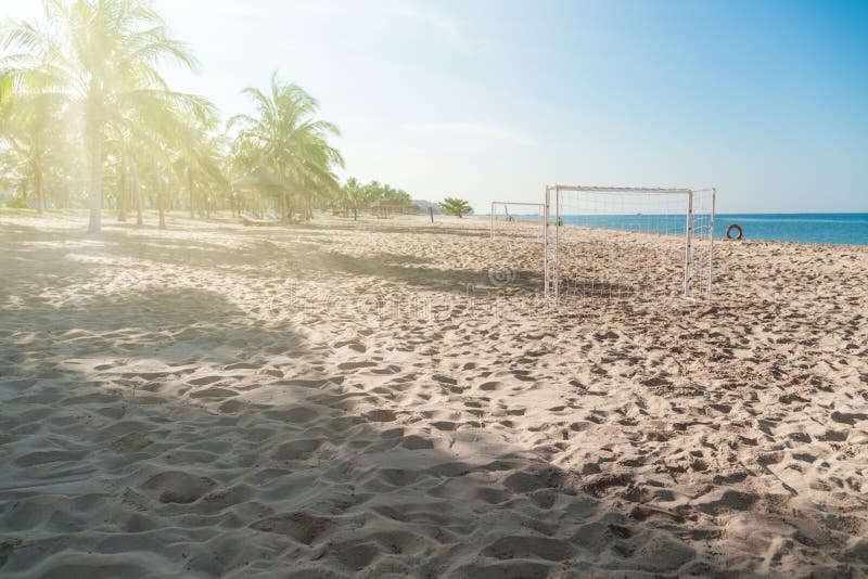 Soccer Goal Post on the Beach with Sand and Blue Sky Stock Photo ...