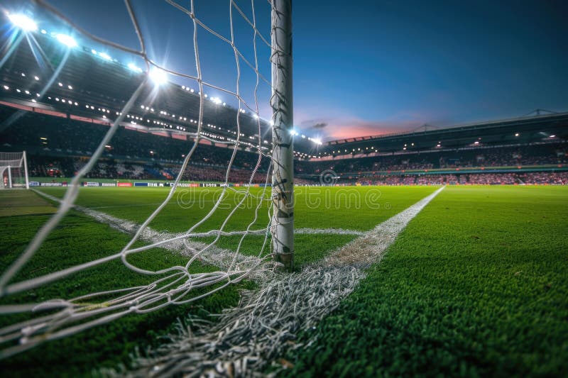 Soccer Goal Post Perspective on Lush Field at Stadium, Sunset Lighting ...
