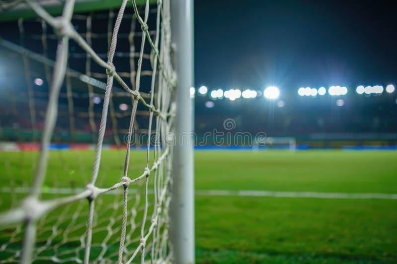 Soccer Goal Post Perspective on Lush Field at Stadium, Sunset Lighting ...