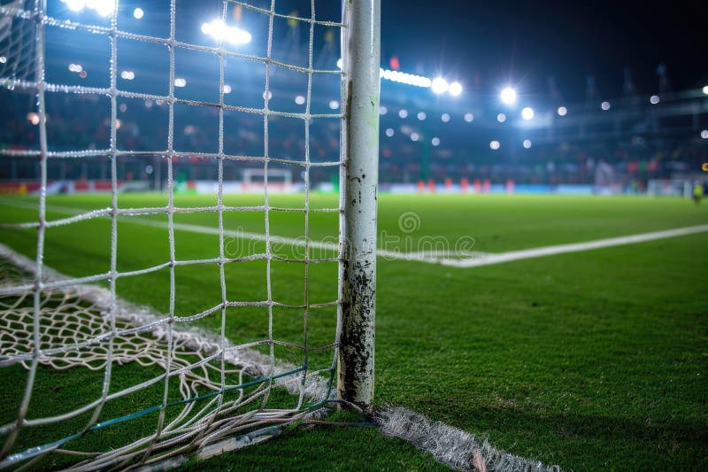 Soccer Goal Post Perspective on Lush Field at Stadium, Sunset Lighting ...
