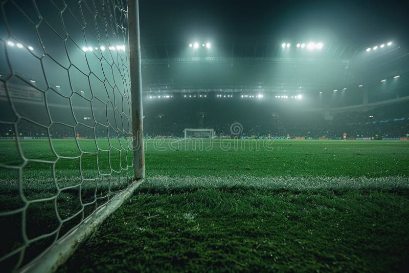 Soccer Goal Post Perspective on Lush Field at Stadium, Sunset Lighting ...